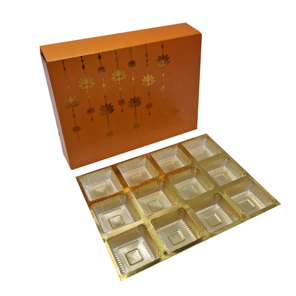 12 Cavity Premade Chocolate Box With Golden Embossed Lotus Hanging Des ...